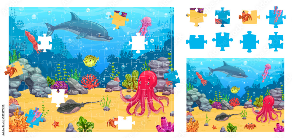 Jigsaw puzzle game pieces, underwater landscape, vector cartoon ...