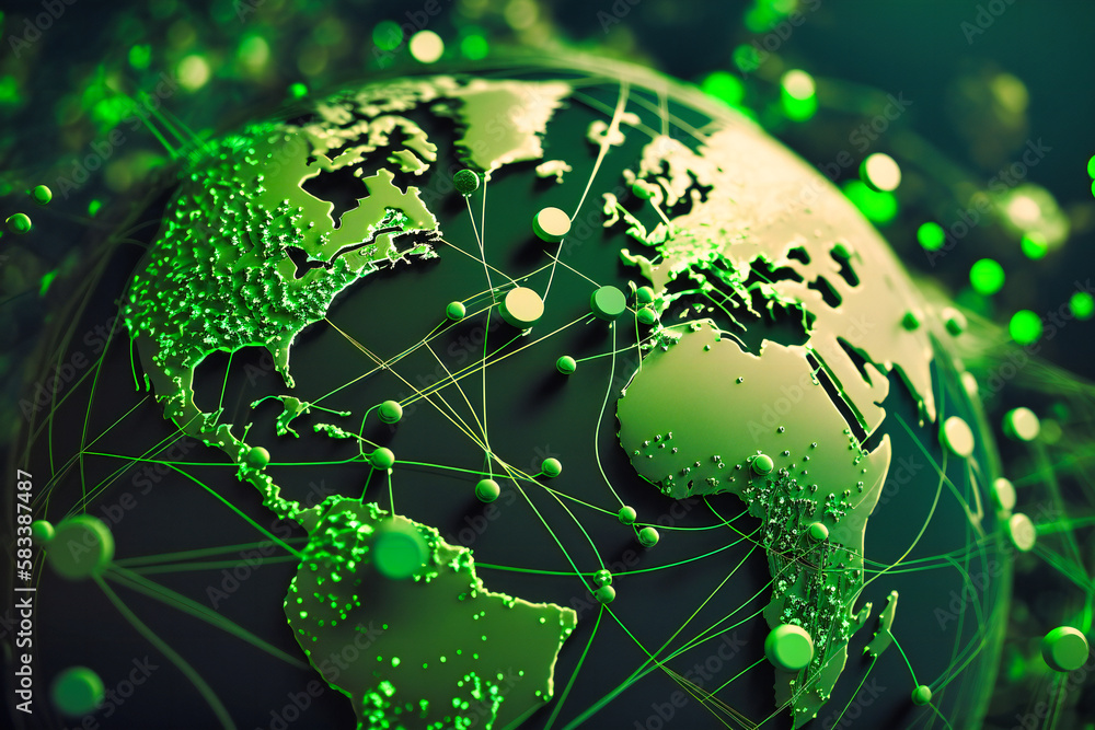 A striking green global internet network background illustrates the ...
