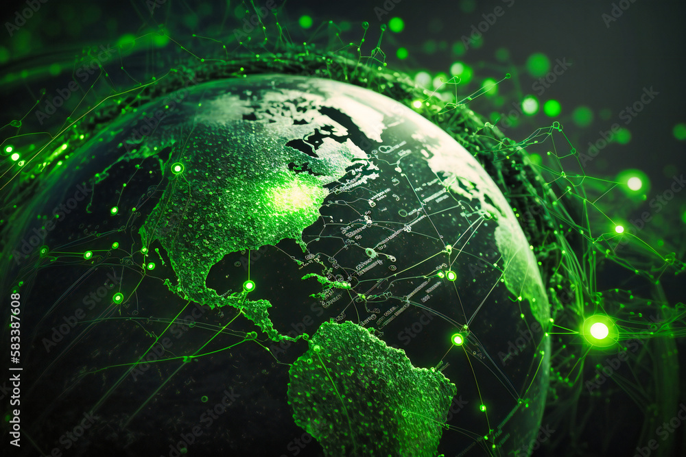 A striking green global internet network background illustrates the ...