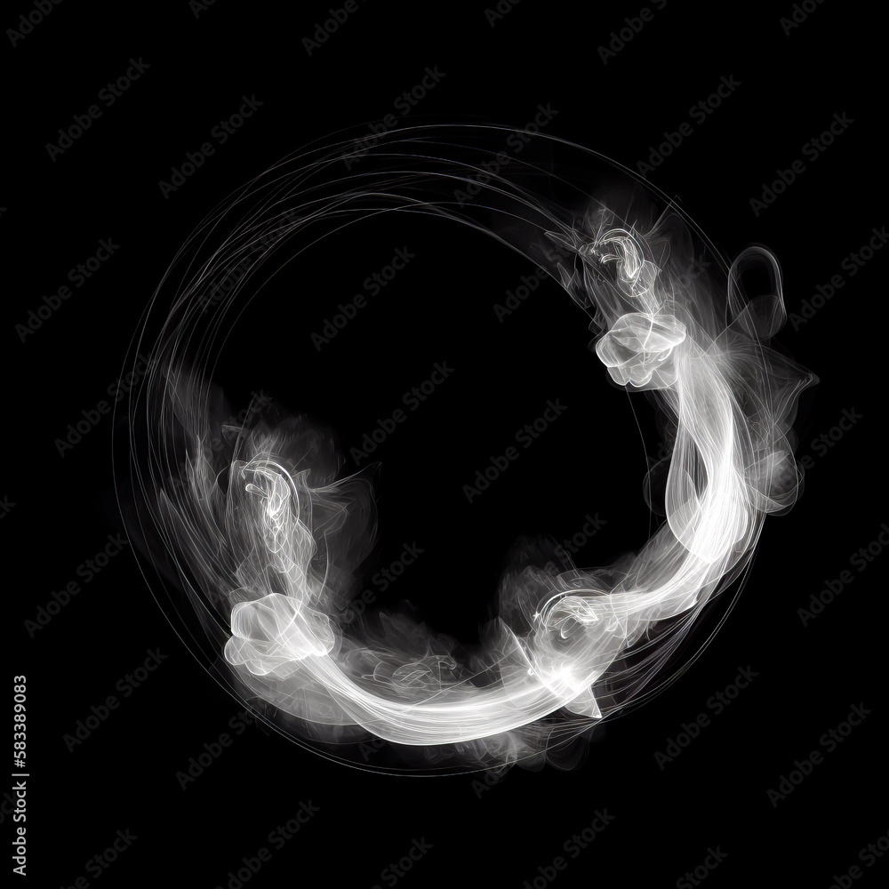 White smoke whirlpool with empty circle frame inside on black ...