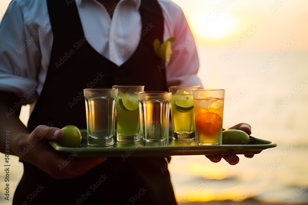 Vacation on a beach resort. Waiter with mojito cocktails on ocean beach ...