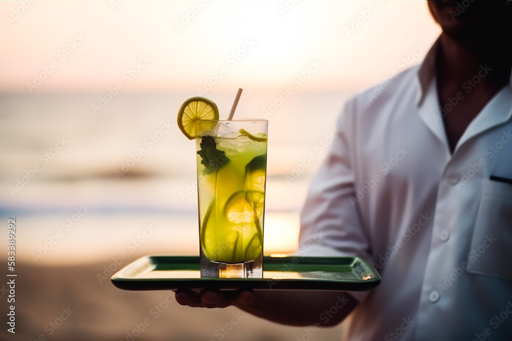 Vacation on a beach resort. Waiter with mojito cocktails on ocean beach ...