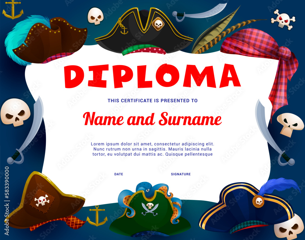 Kids diploma cartoon pirate hats and tricorn, sabers and skulls. Vector ...