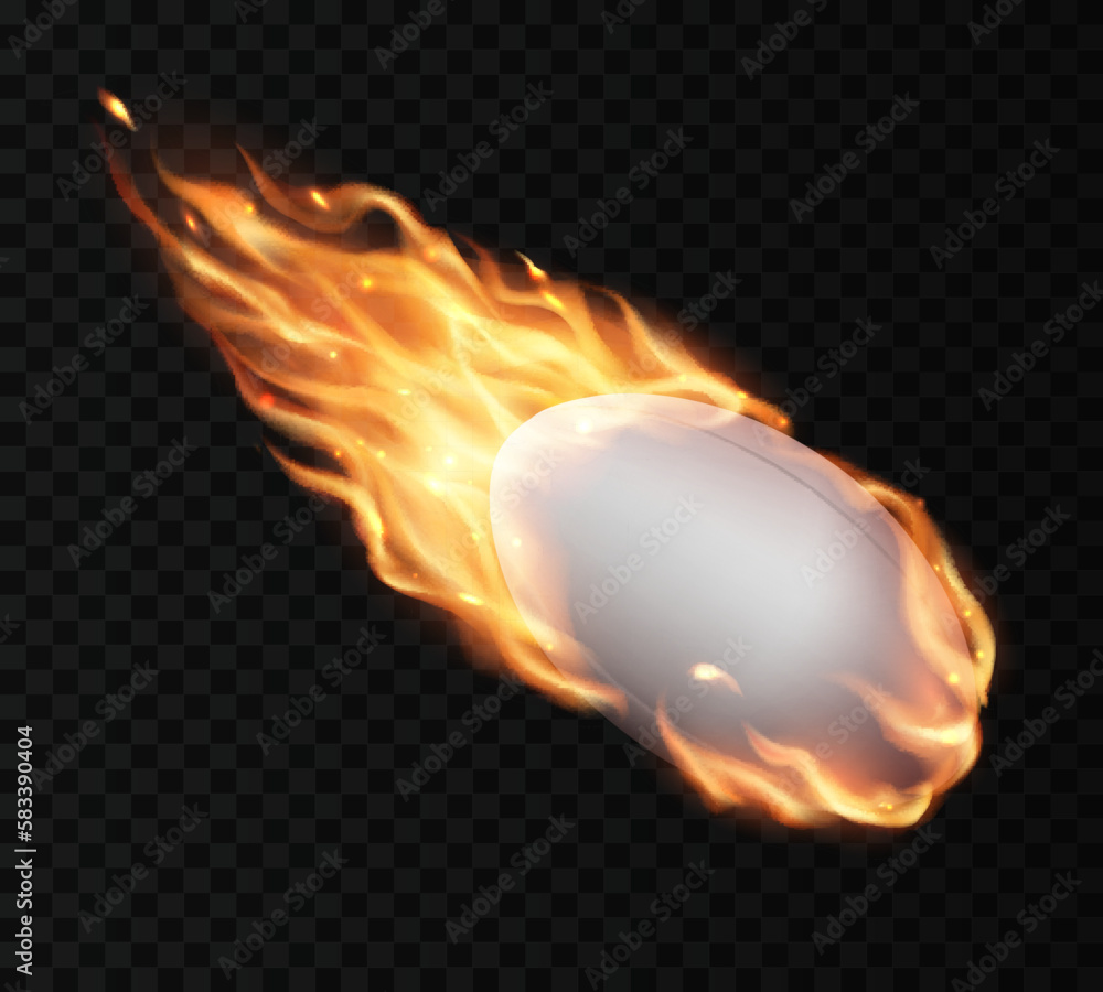 Flying white rugby ball with fire flame trails. Isolated vector falling ...