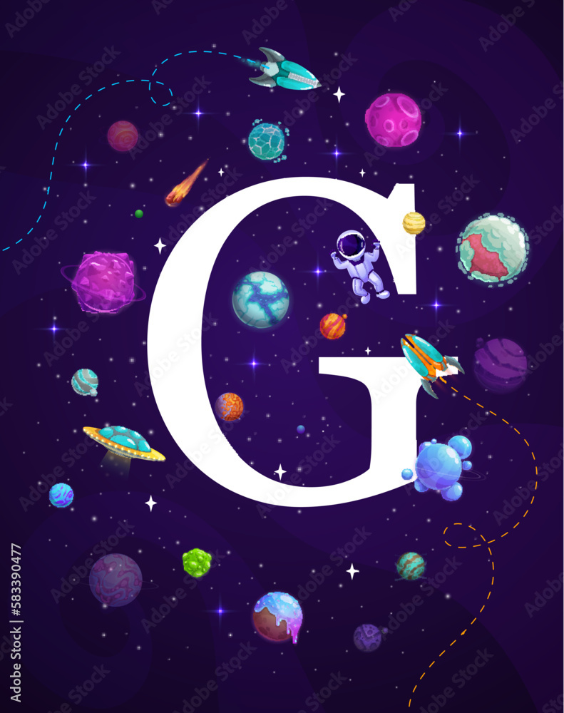 Cartoon space letter G. Latin alphabet typeset letter, English ABC ...