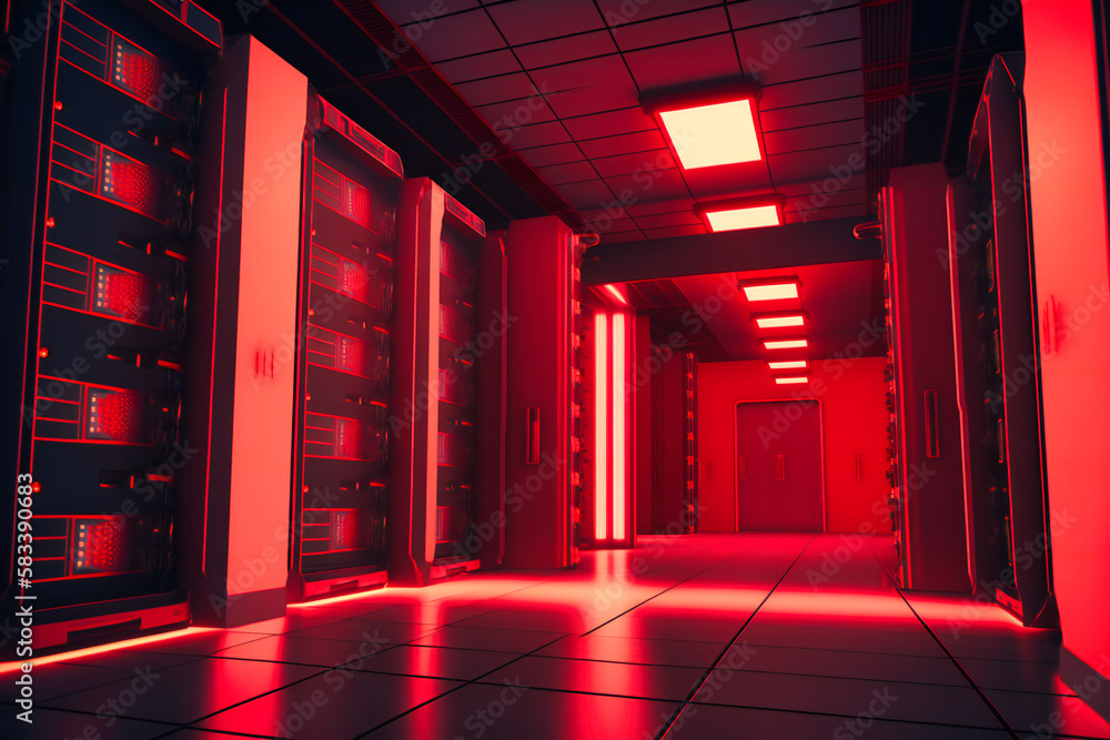 A data center corridor, bathed in warm red tones, houses rack servers ...
