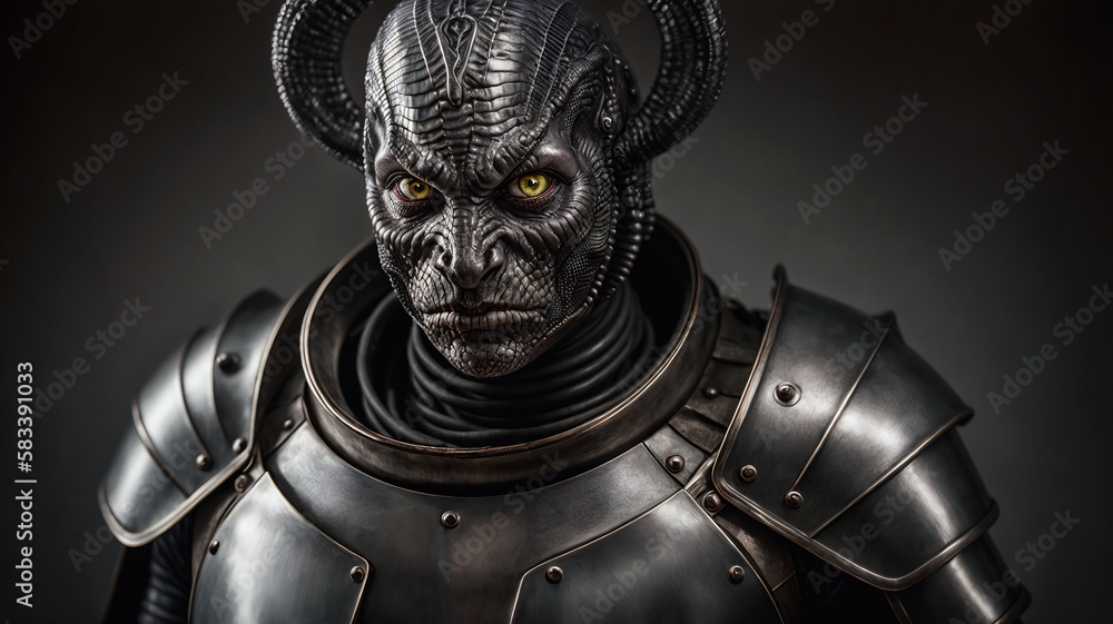 closeup of medieval humanoid alien reptilian warrior with scary angry ...