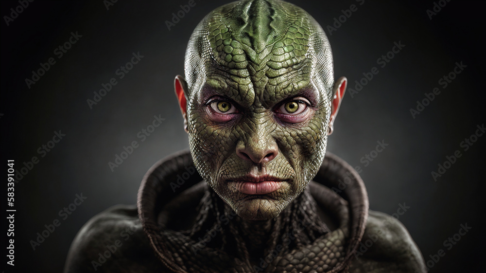 closeup of humanoid alien reptilian face with scary angry face with ...