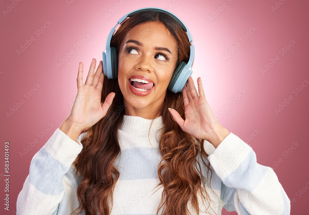 Mockup, tongue out and woman with headphones, streaming music and happy ...