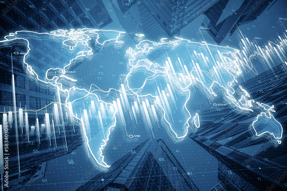 Glowing map with forex chart on blurry city backdrop. Finance ...