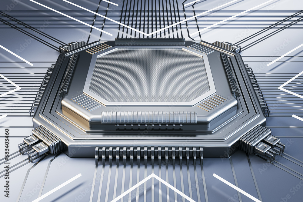 Abstract empty silver chip on metal background with lines. Mock up ...