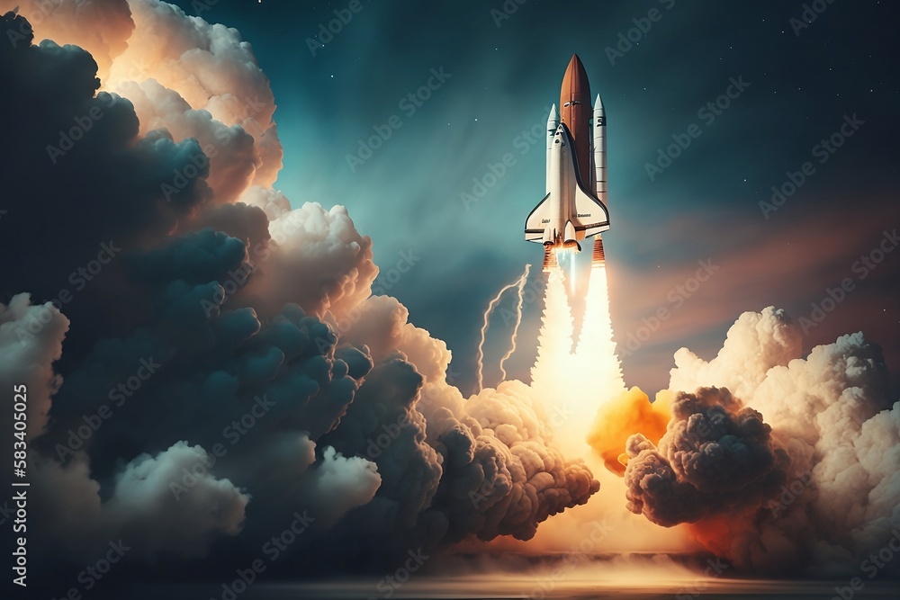 launch, Spaceship takes off into the night sky. Rocket launch with an ...