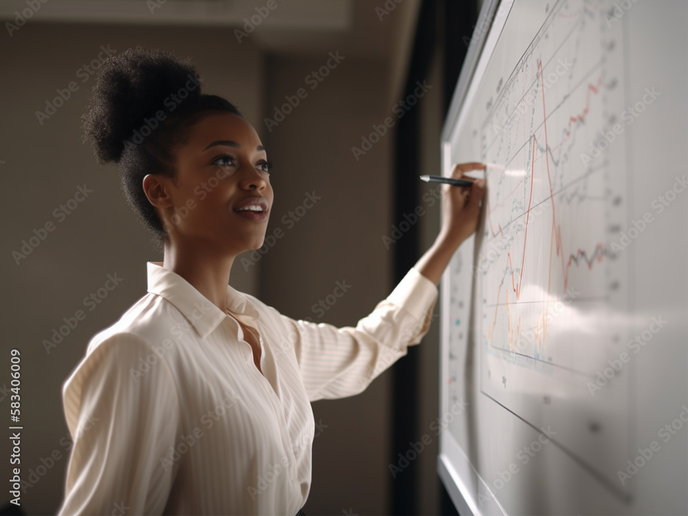 Beautiful young businesswoman in white presenting in a meeting with a ...