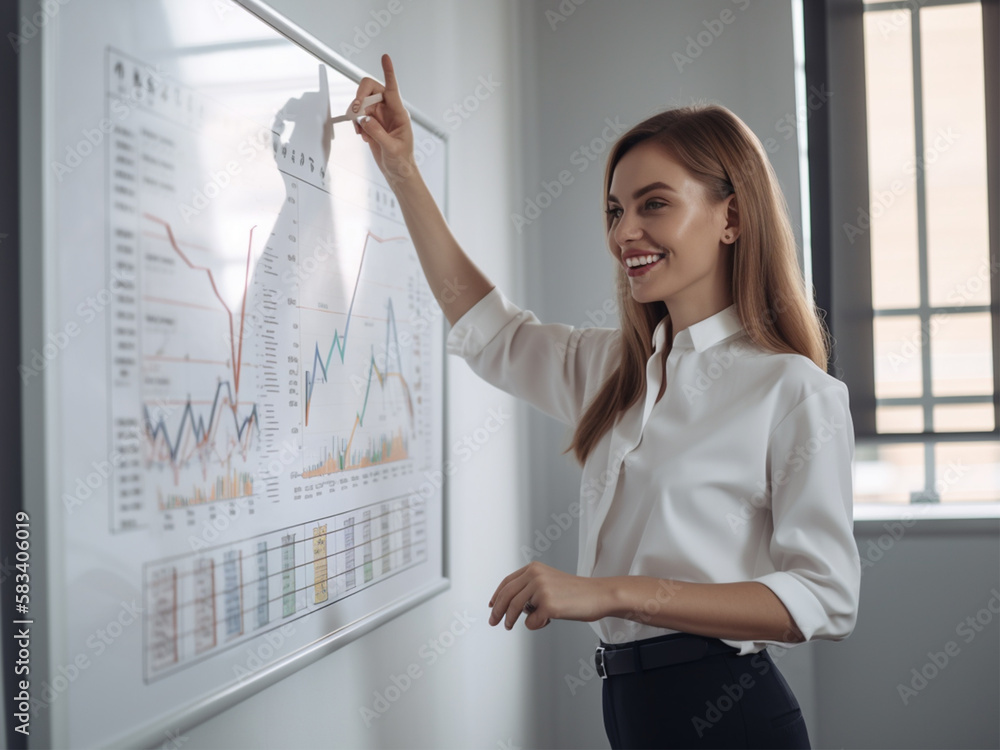 Smiling beautiful young businesswoman in white presenting in a meeting ...