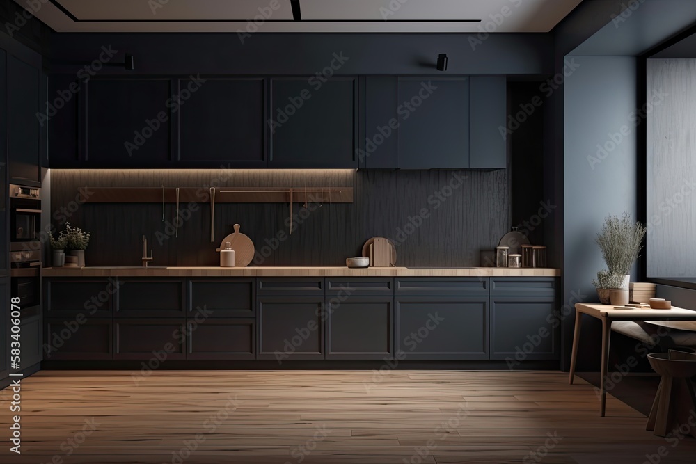 Interior of a dark kitchen room with an empty grey wall, a large window ...
