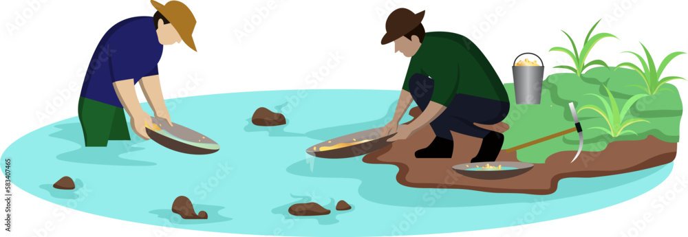 gold diggers wash sand in river to search of treasure in mine vector ...