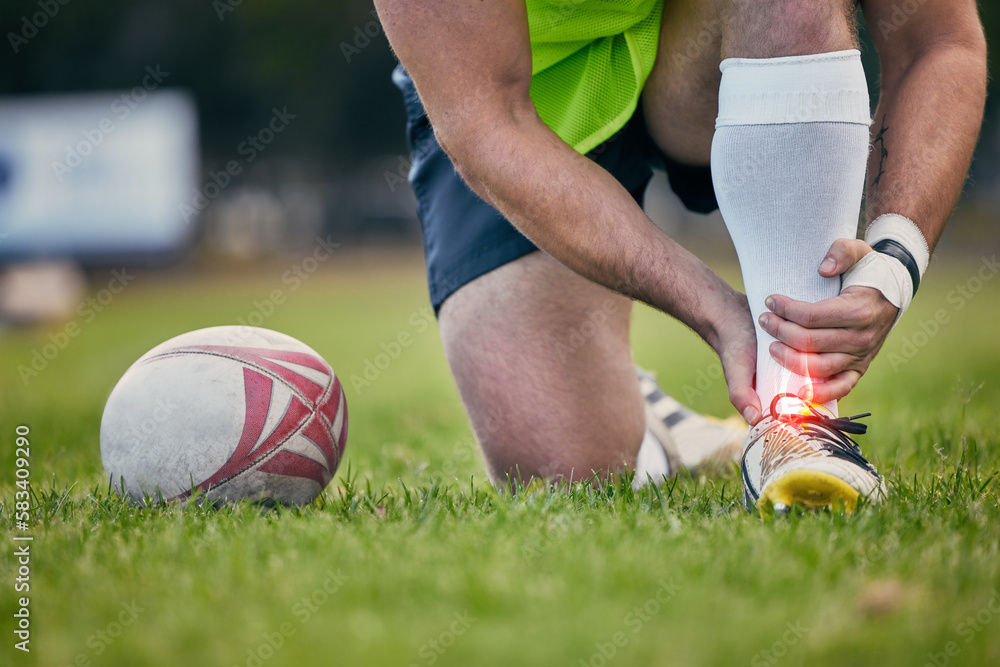 Rugby, pain and man with foot injury on sports field for practice match ...