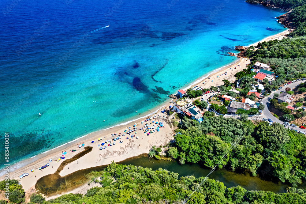 Aerial view (drone) of Rakopotamos beach (municipality of Agia), one of ...