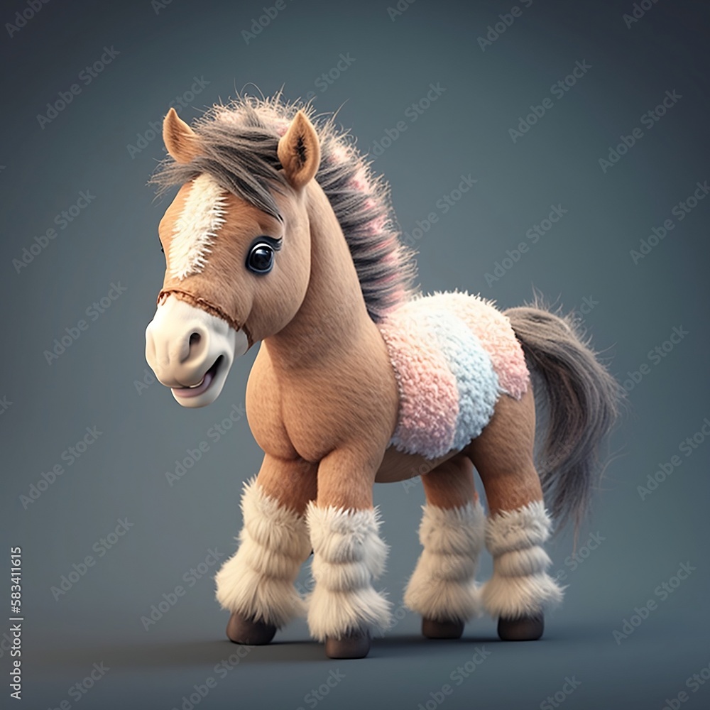 cute cotton pony in soft fabric is smiling happily, simple background ...