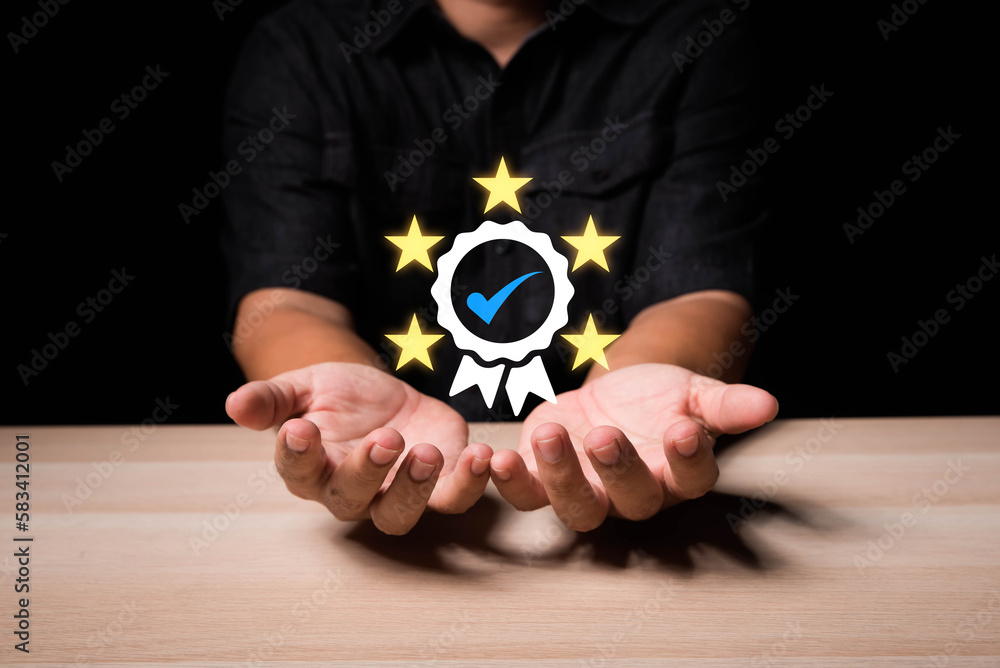 ISO certification and standardization concept, Hand shows the sign of ...