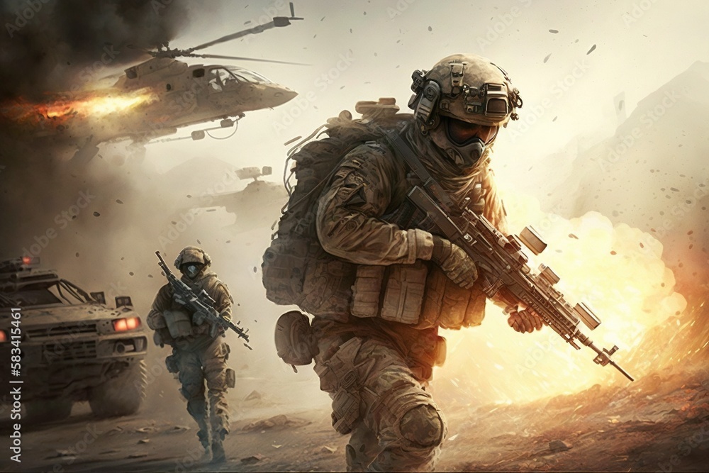Photo & Art Print Army soldiers fighting with guns and defending their ...