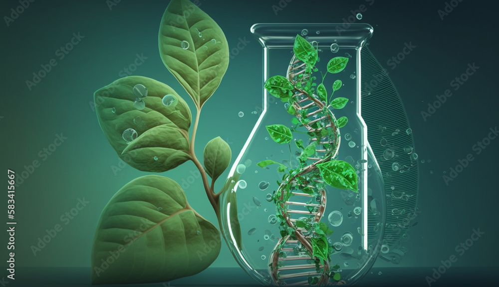 green biotechnology, plants with DNA shape and lab glassware in ...