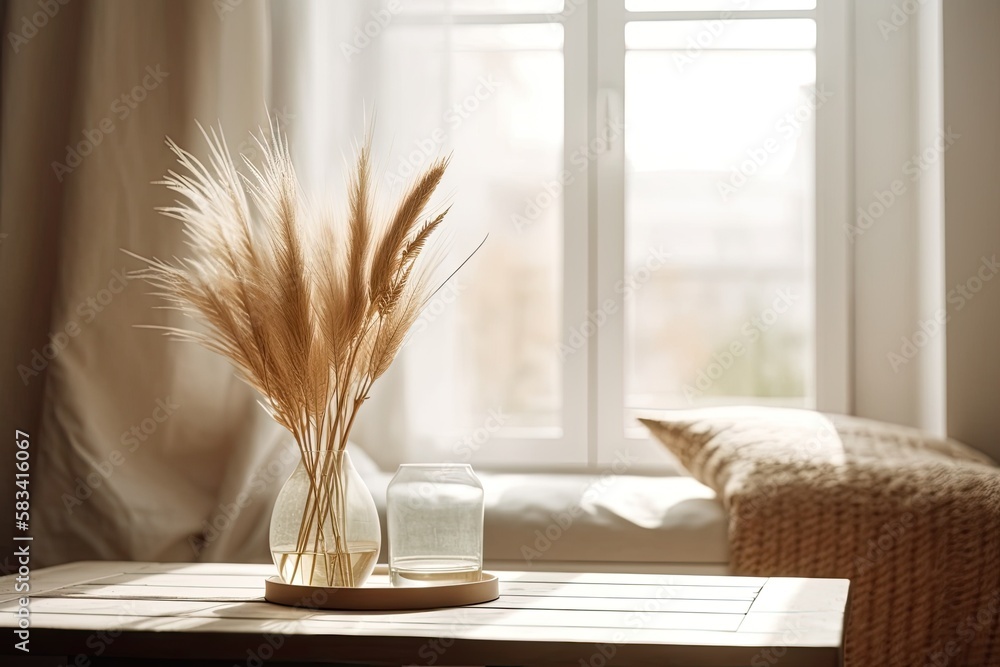 Modern basic interior design, white table top or shelf with straws, dry ...