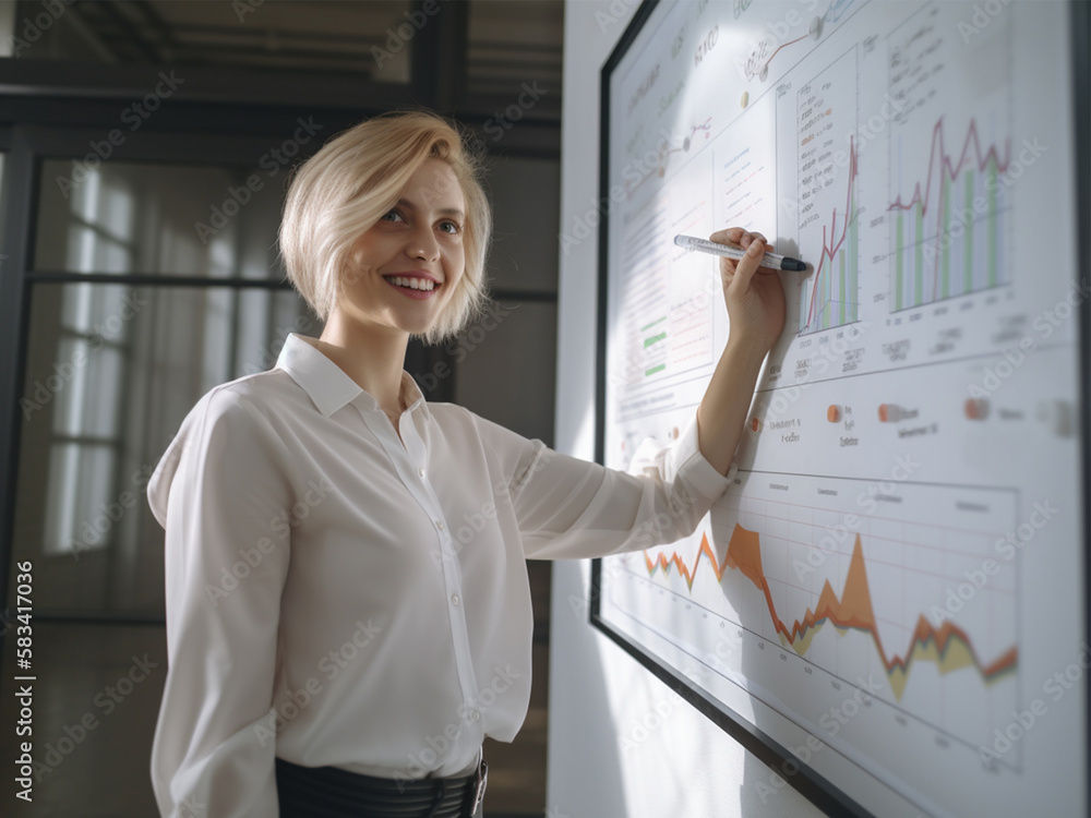 Beautiful young businesswoman in white presenting in a meeting with a ...