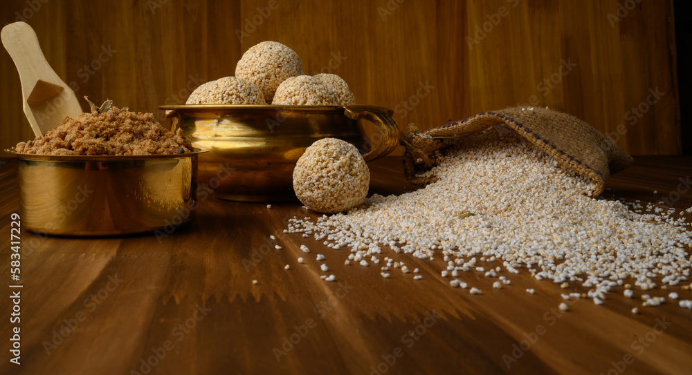 Amaranth ladoo or Rajgira laddu or Cholai ke laddo in brass bowl with ...