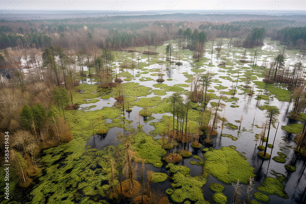 Lush swamp and rivers in summer, swamp covered by green vegetation ...
