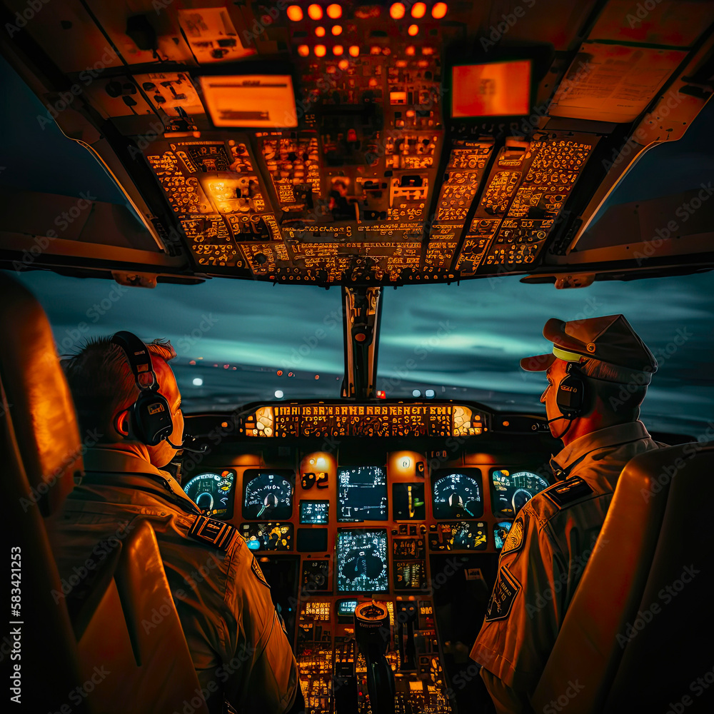 Illustration of the cockpit of a commercial airplane where the pilots ...