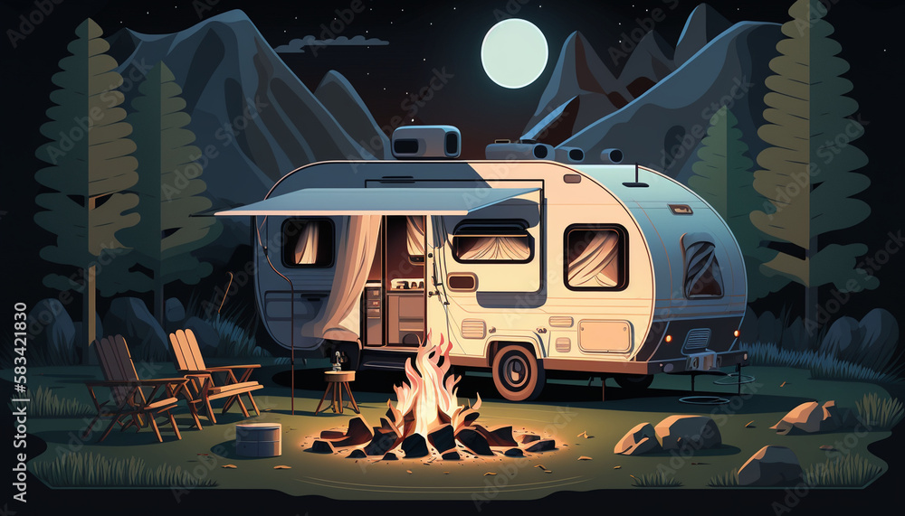 Camping trailer in the woods at night. Cartoon illustration. AI ...