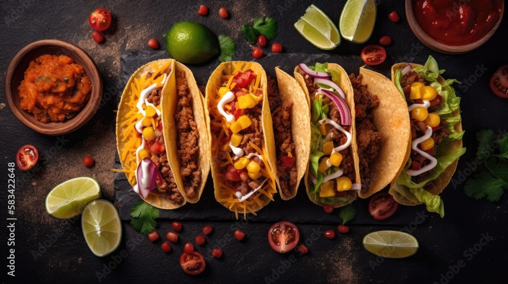 Overhead shot of tacos for restaurant menu. Mexican traditional cuisine ...