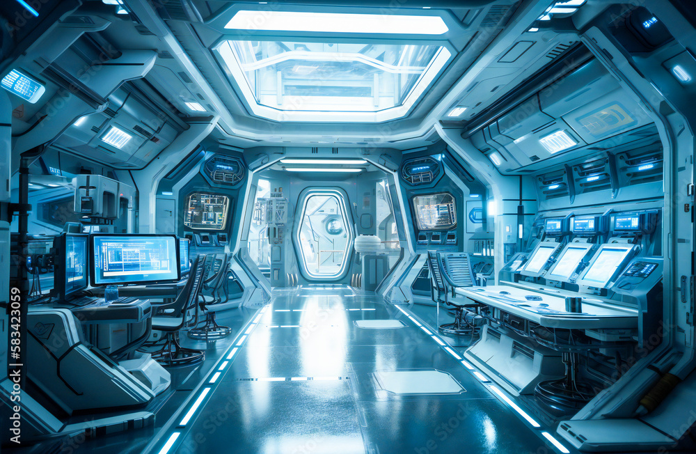 Interior of a futuristic control room of a space ship. Created with ...