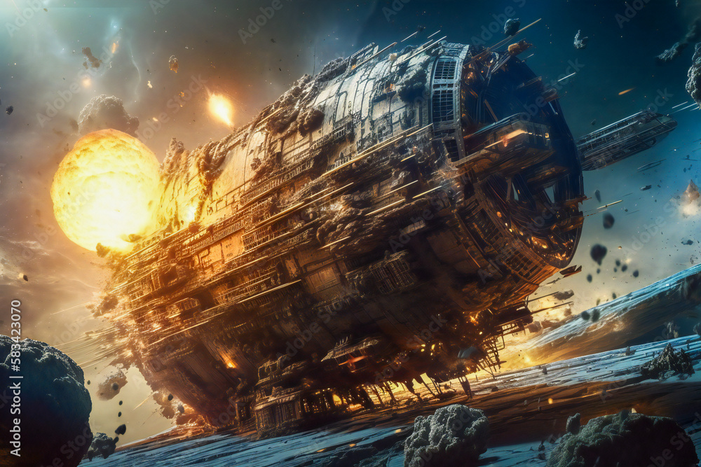 Giant space ship being damaged after a space battle. Created with ...