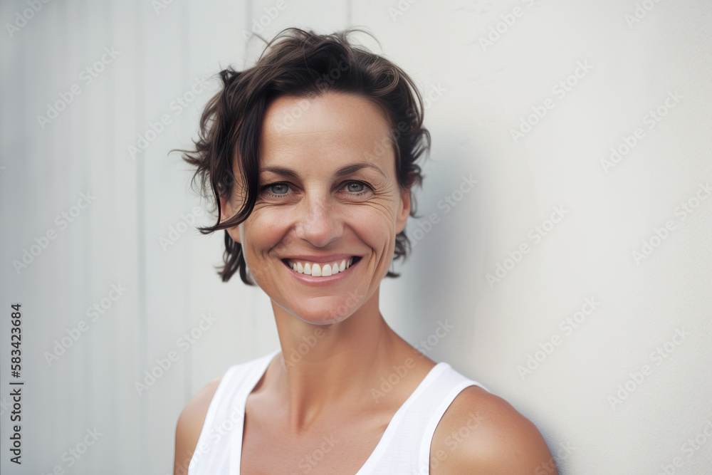 Smiling 40 year old woman standing in front of a white wall in summer ...