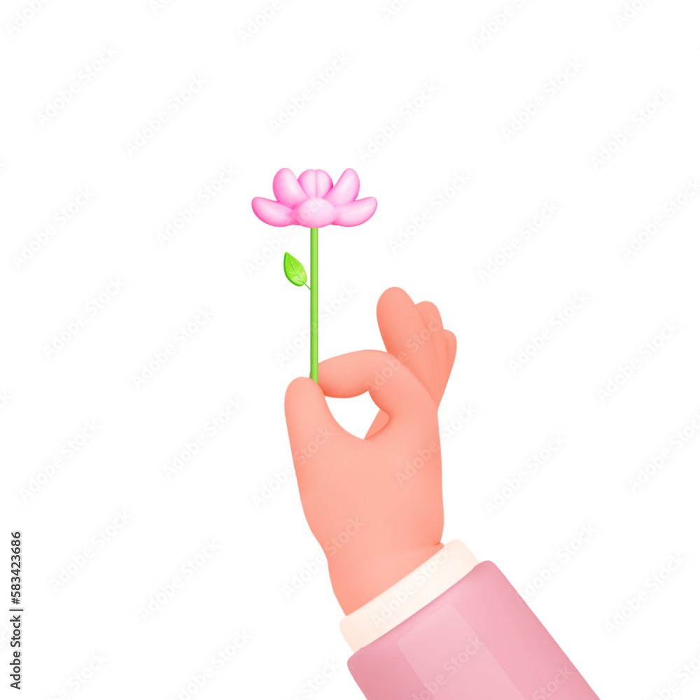 Hand hold pink flower icon. 3d spring emoji. Concept gift, present for ...
