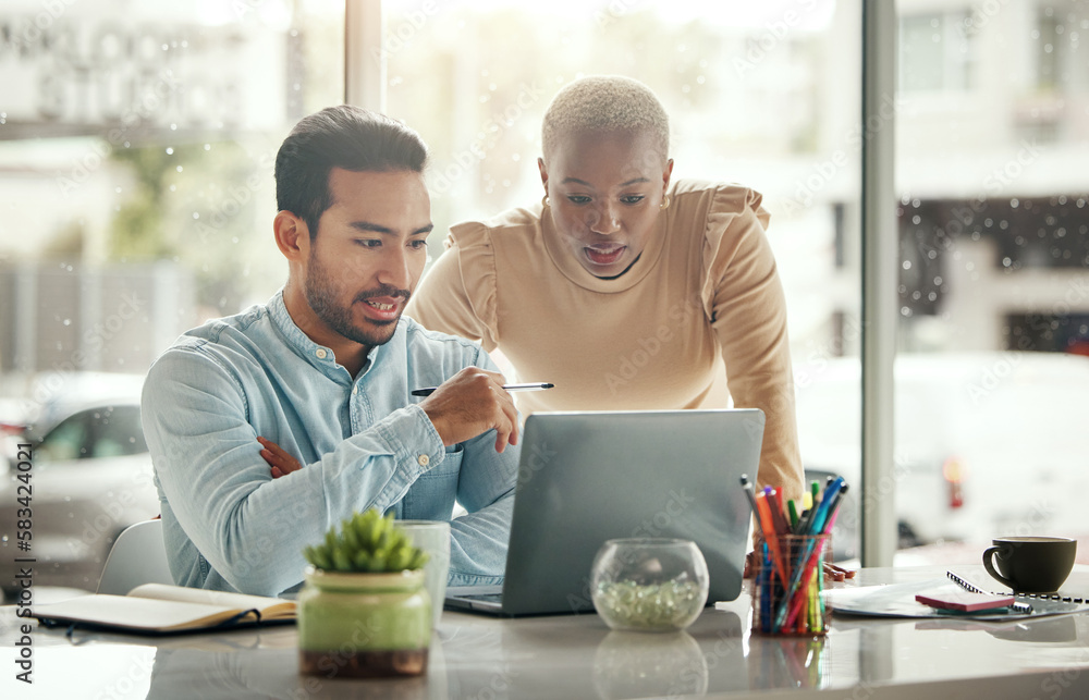 Office collaboration, laptop reading and team analysis of website ...