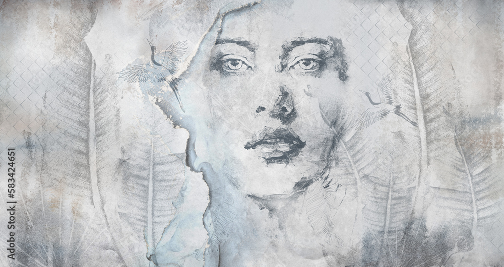 Beautiful woman face illustration on concrete grunge wall with cranes ...
