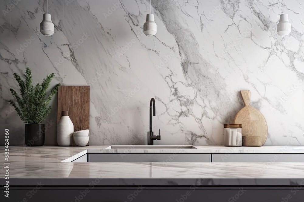 A realistic view of a kitchen counter in the blank state and a marble ...