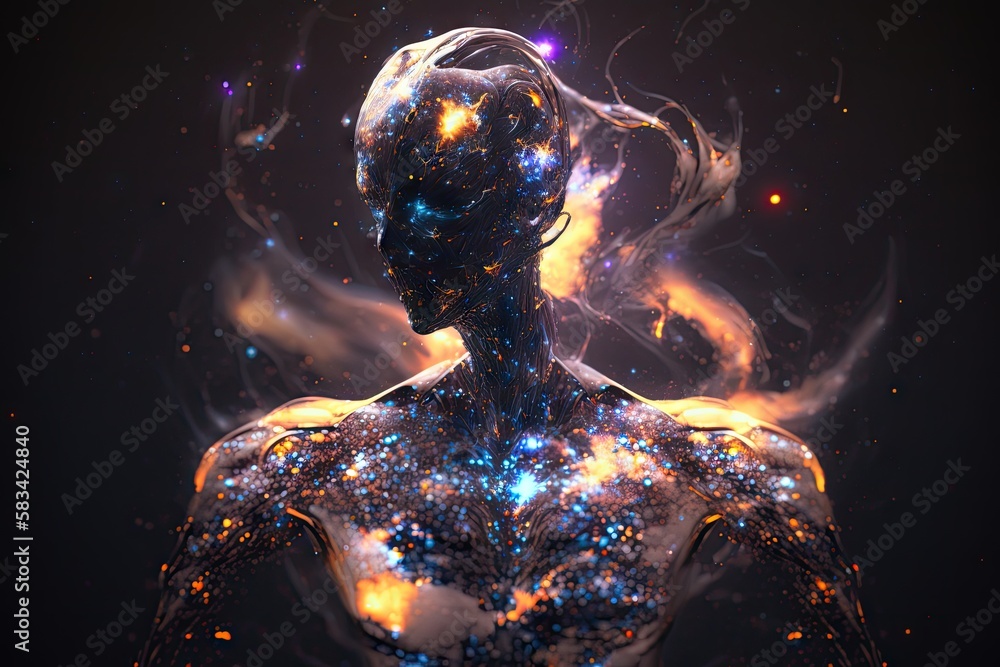 Astral body silhouette with space background and ray of astral light ...
