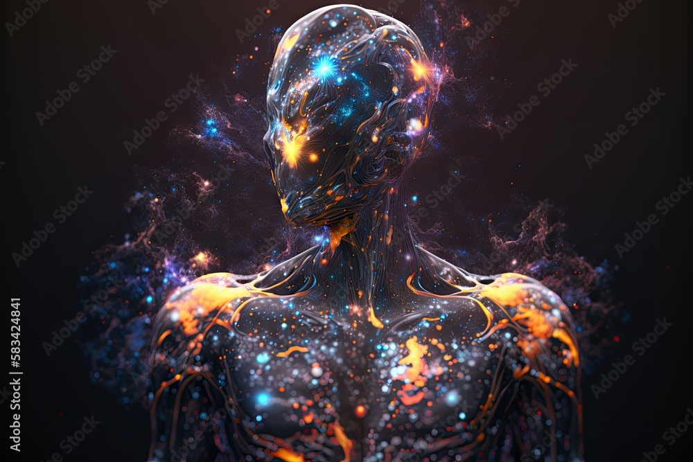 Astral body silhouette with space background and ray of astral light ...