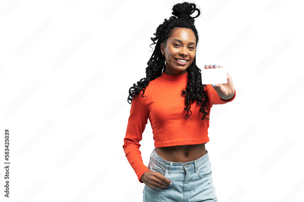 Girl holding a gift card. Young beautiful woman showing copy space on ...