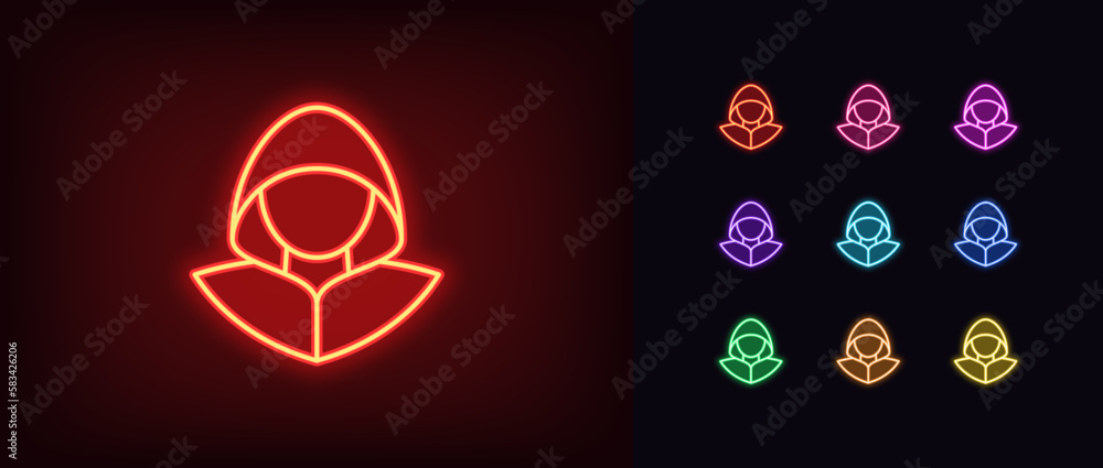 Outline neon hacker icon set. Glowing neon hacker with hood, cyber ...