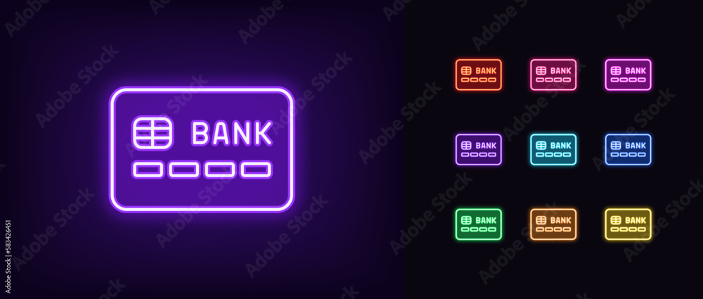 Outline neon credit card icon set. Glowing neon bank card with chip ...