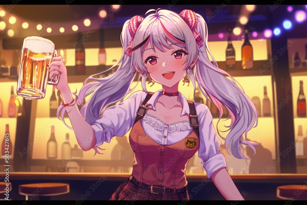 beautiful german anime girl in a bar with a beer in her hand ...
