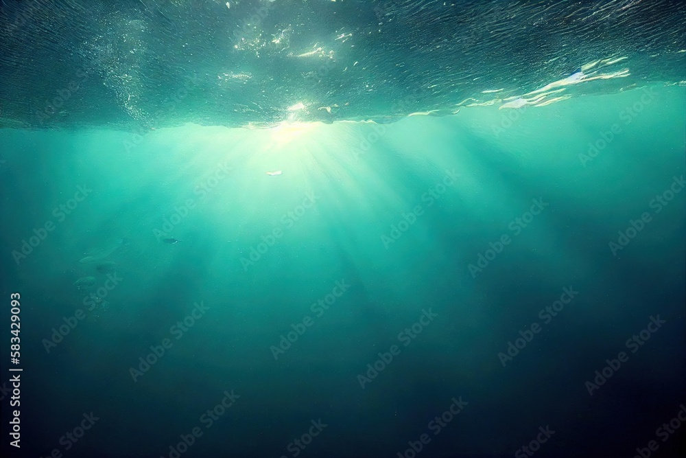 seascape with rays of sun penetrating through water to bottom of ocean ...