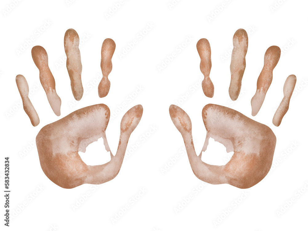 Watercolor illustration. Hand painted brown handprints of people. Man ...