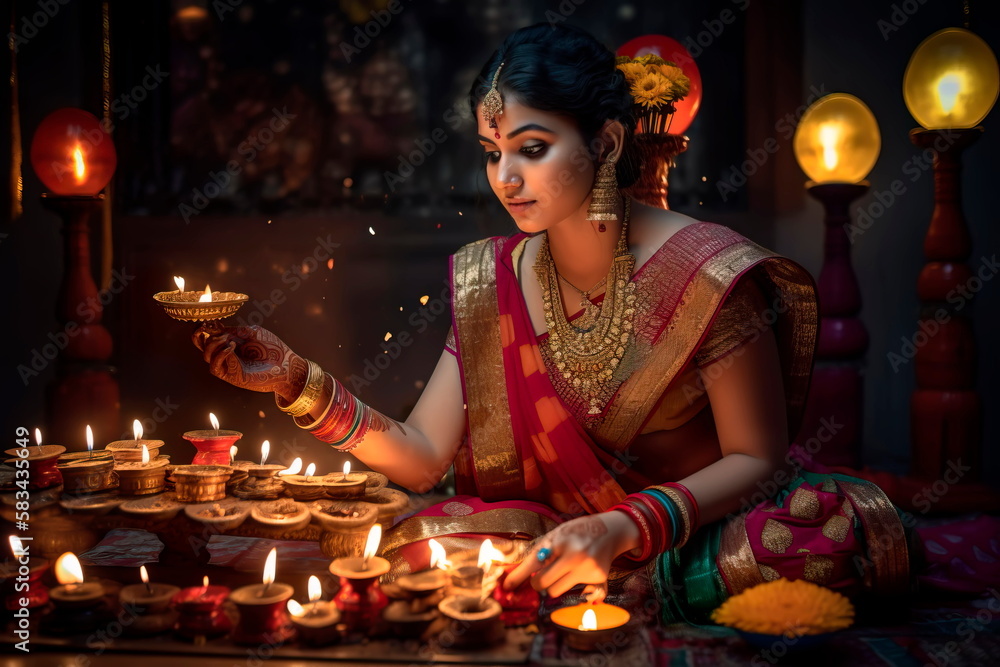Diwali festival of lights with traditional dress and decorations ...