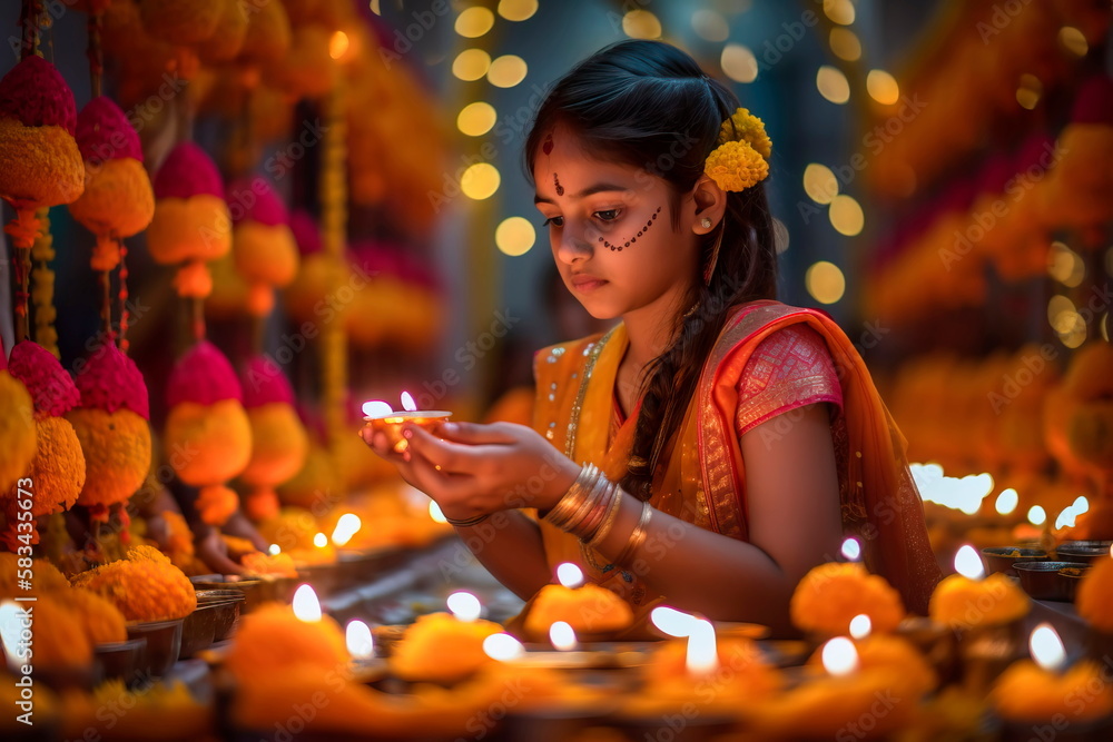 Diwali festival of lights with traditional dress and decorations ...